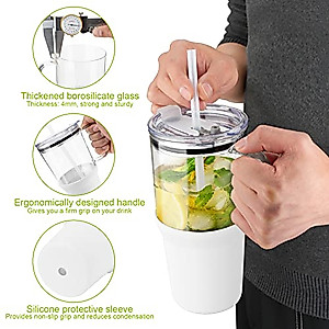 Zenbo 32 oz Drinking Glass Tumbler with Handle, Iced Coffee Cup with Straw and Lid, Reusable Glass Water Cup With Silicone Sleeve Fits In Cup Holder, Dishwasher Safe