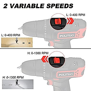 PULITUO Cordless Drill/Driver Kit, Power drill Set with 35N.m Torque, 20+1 Clutch, 3/8" Keyless Chuck, 2-Variable Speed-12V Electric Drill Driver for Wood Bricks Walls Metal