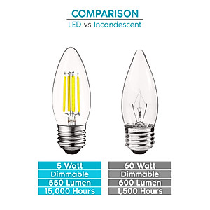Luxrite 5W Vintage E26 Candelabra LED Bulb 60W Equivalent, 550 Lumens, 5000K Bright White Dimmable, Medium Base Candelabra Bulb, Torpedo Tip Clear Glass, Edison Filament Light Bulb, UL Listed (6 Pack)