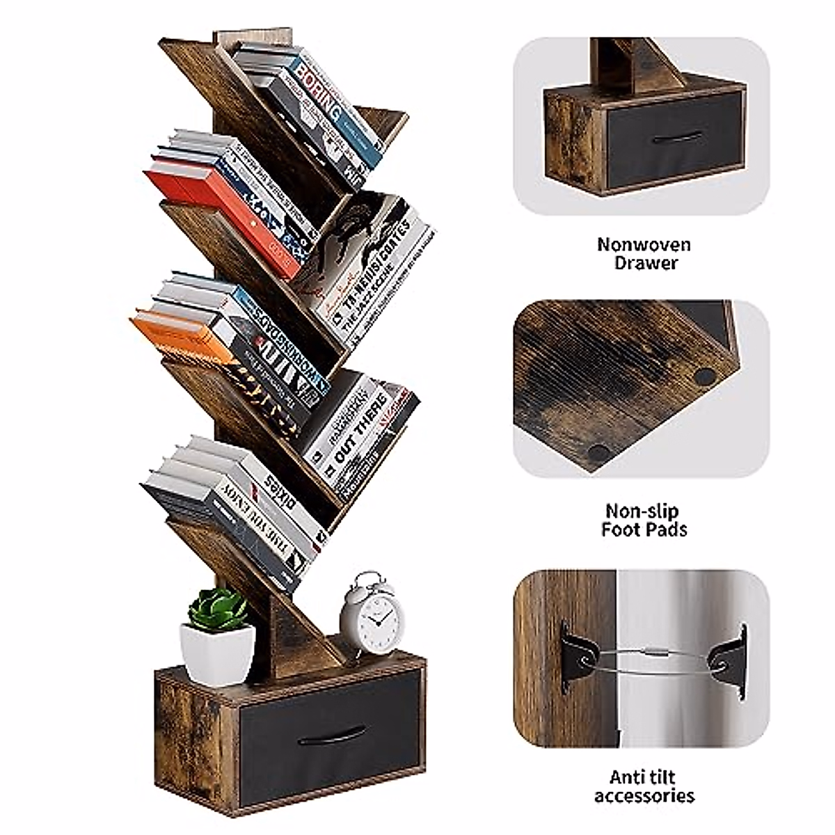 Egepon 6-Tier Tree Bookshelf with Drawer Rustic Brown Book Shelf Storage Rack Floor Standing Bookcase for CDs Movies Books Multifunctional Organizer Shelves for Home Office Living Room Bedroom