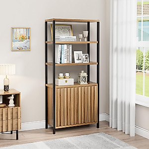 UEV Bookshelf 5 Tier Wood Boho Bookshelf with Storage Door,Fluted 71 in Tall Bookshelf with Metal Stand,Mid Century Modern Large Accent Bookcase for Living Room,Bed Room (Wood, 2 Piece)