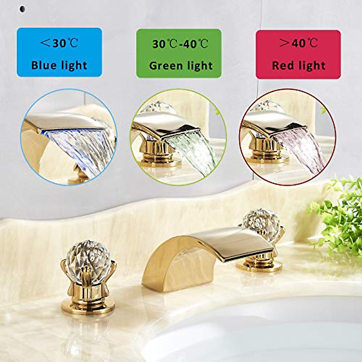 NeierThodore LED Widespread Bathroom Faucet Waterfall Gold Polished Lavatory Faucets Basin Mixer Tap 2 Crystal Knobs 3 Holes