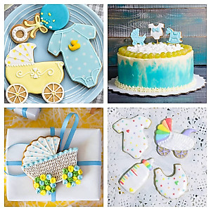 Moleou Baby Shower Cookie Cutter Set, 7Piece Cookie Cutters Include: Onesie, Bib, Baby Carriage, Bottle, Rattle, Rocking Horse and Frame, with Extra Gift 2Pcs Sugar Stir Needle