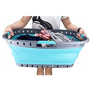 SAMMART 44L (11.6 gallon) Collapsible Plastic Laundry Basket-Foldable Pop Up Storage Container-Portable Washing Tub-Space Saving Hamper, Water Capacity: 35L (9.2 gallon) (Grey/Crystal Blue)