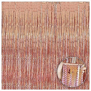 KatchOn, Laser Stripe Rose Gold Fringe Curtain - XtraLarge 3.2 x8 Feet, Pack of 1 | Rose Gold Backdrop Curtain for Bachelorette Party Decorations | Rose Gold Streamers for Rose Gold Party Decorations