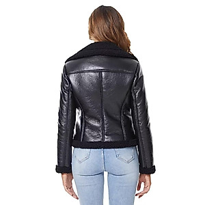 DIASHINY Women's Faux Shearing Fur Winter Coat Warm Thick Fur Lined Faux Leather Jacket (039 Black,XL)