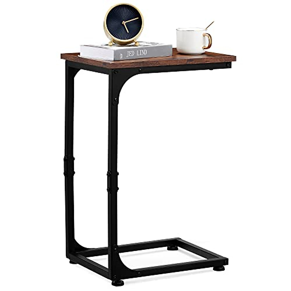 BETTAHOME C Shaped End Table, Side Table, for Couch, Bed, Chair, Living Room, Bedroom, Slides Under Sofa, Tray for Snack, Laptop, TV Dinner, Rustic Brown and Black BT001A