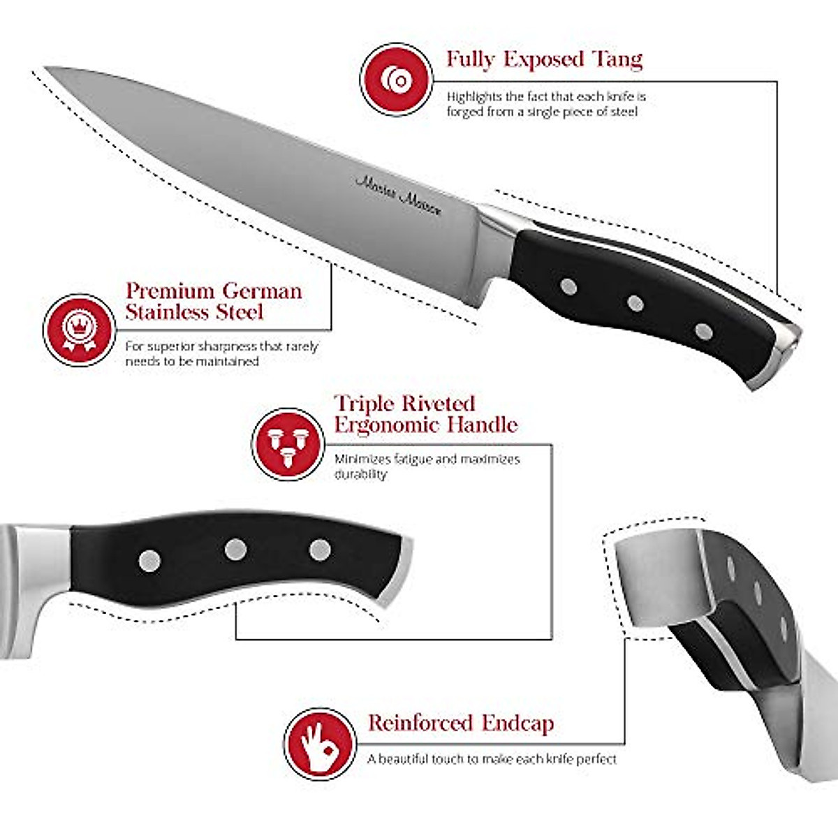 Master Maison Chef Knife Set - 8" Professional Premium German Stainless Steel Kitchen Knife Set with Sharpener & Edge Guard – Super Sharp Chef Knife - Durable Knives for Home & Professional Cooking