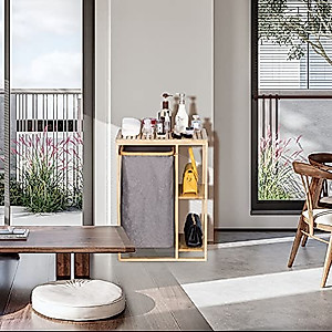 Bamboo Laundry Hamper with Compartments - Laundry Room Bamboo Storage Rack with Fabric Clothes Basket -Wooden Bamboo Laundry Organizer