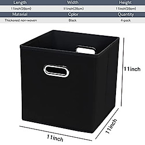 SEVENDOME Black Fabric Storage Bins Cube,11x11x11 Fabric Cubby Organizer Baskets with Handle, Foldable Basket for Closet or Collapsible Storage Box Set of 4 (Black)