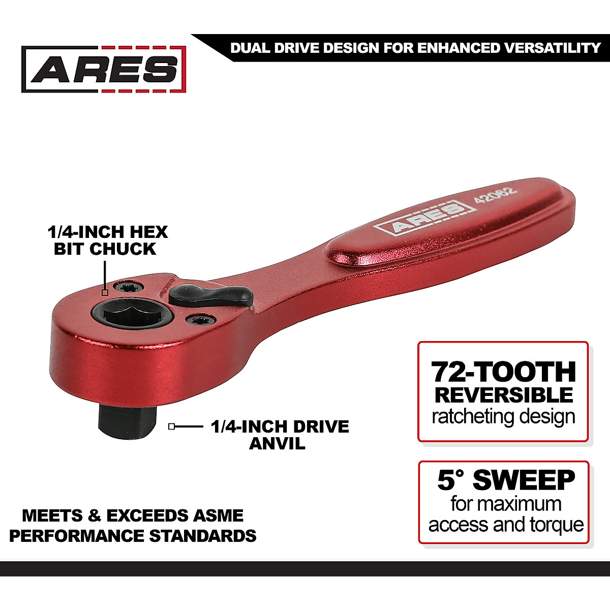 ARES 42062 – Dual Drive 1/4-Inch Drive and 1/4-Inch Bit 72-Tooth Micro Ratchet – 72-Tooth Fine Tooth Gear – Compact Size for Tight Spaces – Fits in Pocket