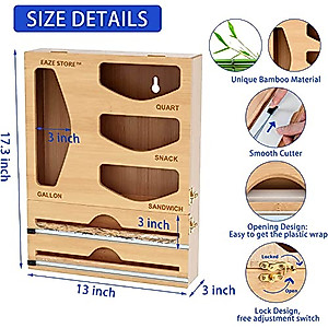 EAZE STORE Ziplock Bag Foil Plastic Wrap Dispenser Kitchen Drawer Organizer With Built-In Slider Cutter For Drawer Or Wall Mount Bamboo 6 In 1 Dispenser