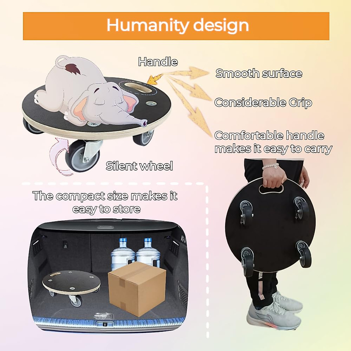 15-Inch Round Wood Platform Dolly with TPR Silent 3" Wheel, 551-lb Load Capacity Heavy Duty Wood Furniture Dolly, Multifunctional Movers Carrier,Plant Dolly, One Pack