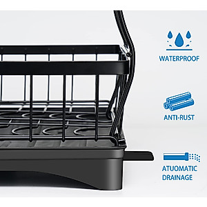 JUPELI Dish Drying Rack, 2 Tier Dish Racks for Kitchen Counter, Large Dish Drainer Strainer Dryer Tray Set, Kitchen Gadgets with Drainboard | Utensil | Cutting-Board Holder, Kitchen Organization Decor