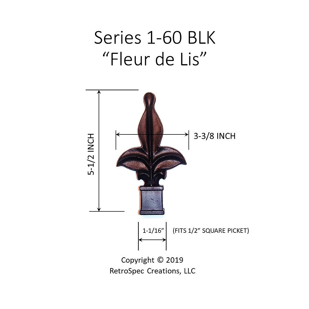 Retrospec Creations 10 Each for 1/2” Black Plastic Finial Tops for Iron Picket Fence Fleur De Lis – #1-60