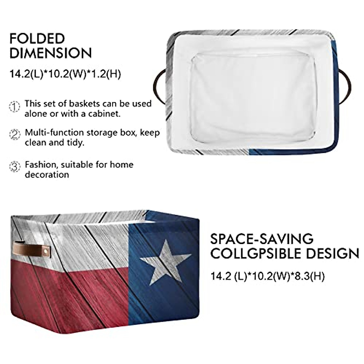 Texas Wood Flag Storage Basket Storage Organizer Box Bin Large Collapsible Cube Baskets with PU Handles for Shelf Closet Nursery Laundry 2 Pack