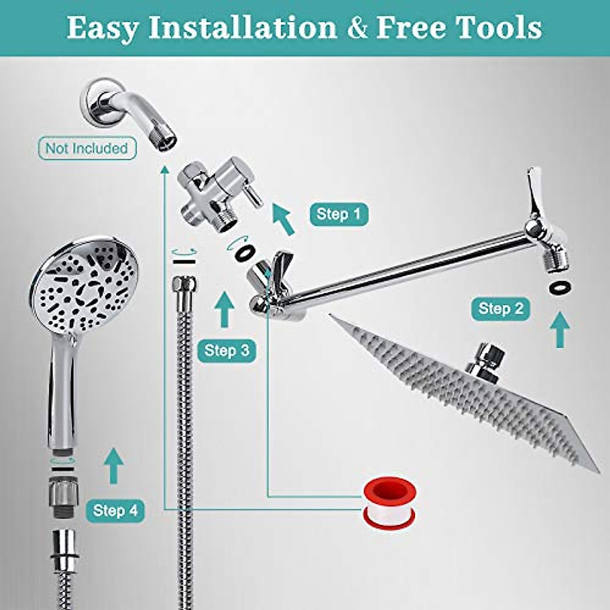 Rain Shower Head with Handheld, Lanhado 8'' High Pressure Rainfall Shower Head with 11'' Extension Arm, 9 Settings Handheld Shower Heads with Holder & Hose, Anti-leak Waterfall Showerhead, Chrome