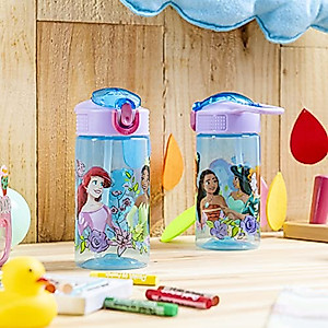Zak Designs Kids Durable Plastic Spout Cover and Built-in Carrying Loop, Leak-Proof Water Design for Travel, (16oz, 2pc Set), Disney Princess