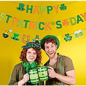 JKQ Glittery Happy St Patrick's Day Banner and Shamrock Rainbow Gold Coins Pot Horseshoe Leprechauns Patterns Banner Saint Patrick's Day Garland Banner Irish Lucky Day St. Patty's Day Party Decorations