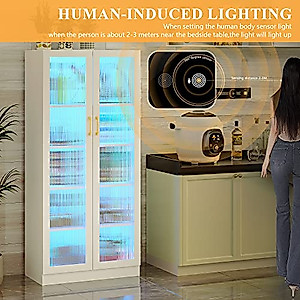 Dystler White Storage Cabinets Locker with 3 Color LED Lights,Modern Storage with Human Body Sensor Functionwardrobe Closet for Bedroom