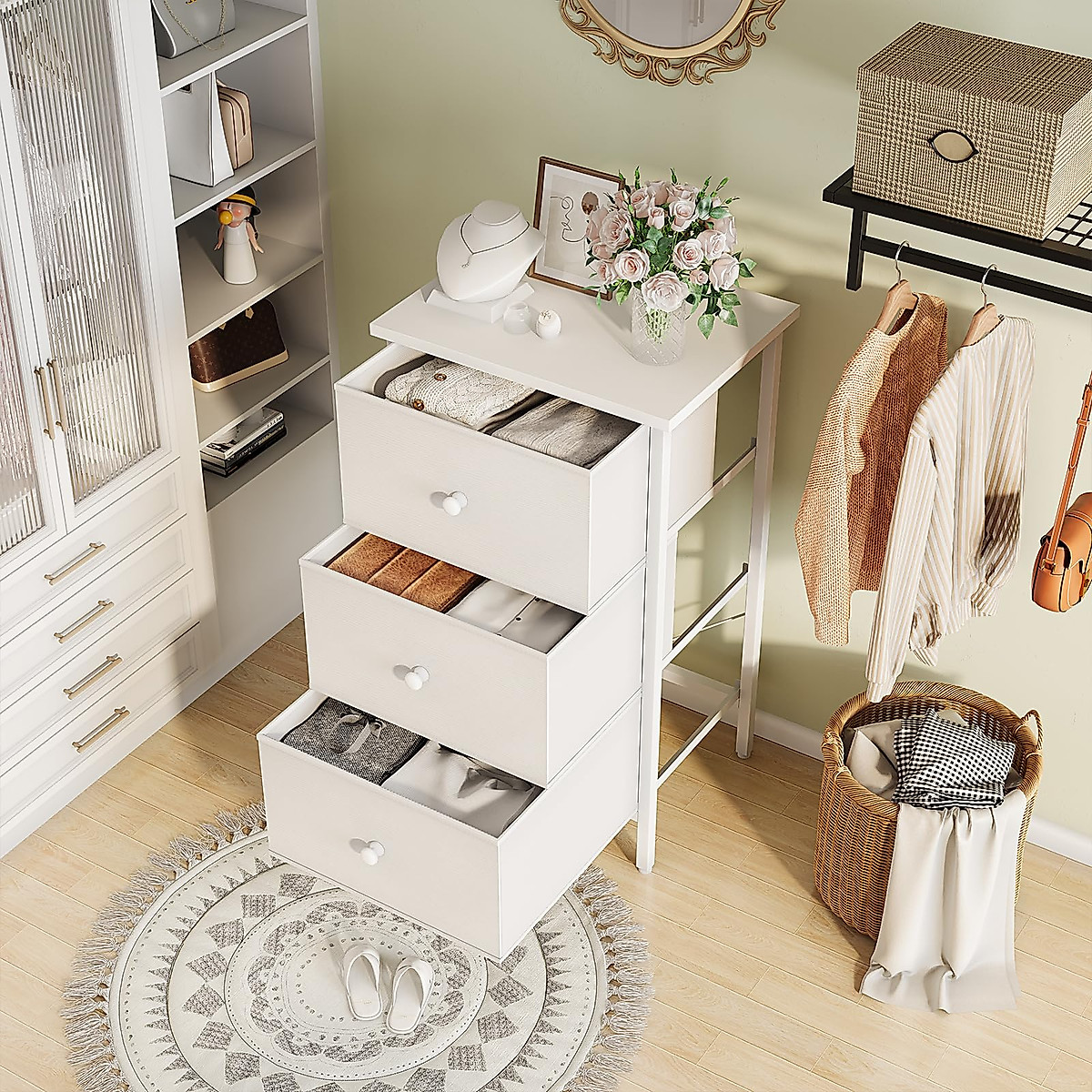 BOLUO White Night Stand with Drawers 3 Drawer Dresser for Bedroom, Tall Nightstand for Closet Dorm Modern Bedside Table