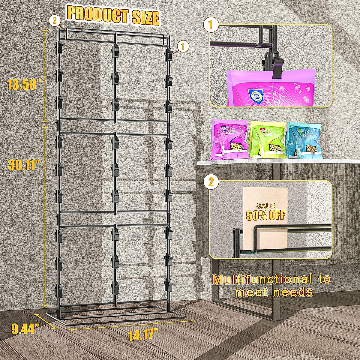Eazy2hD Upgraded Potato Chip Rack Display with 54 Clips, 3-Row Chip Stand Display for Party, Countertop Chip Bag Holder, 30"x13.6" Matte Black Snack Display for Counter, Snack Rack Organizer