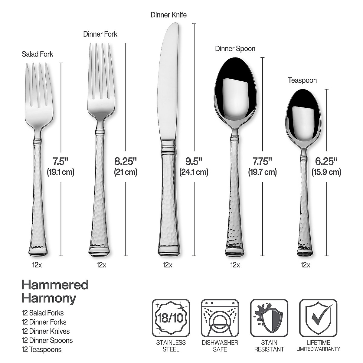 Mikasa Hammered Harmony 18.10 Stainless Steel 65-Piece Cutlery Set, Service For 12