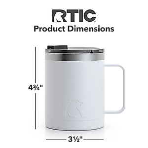 RTIC Coffee Mug with Handle, 12 oz, White, Portable Travel Thermal Camping Cup, Vacuum-Insulated with Lid, Stainless Steel, Sweat Proof, Keeps Hot & Cold Longer