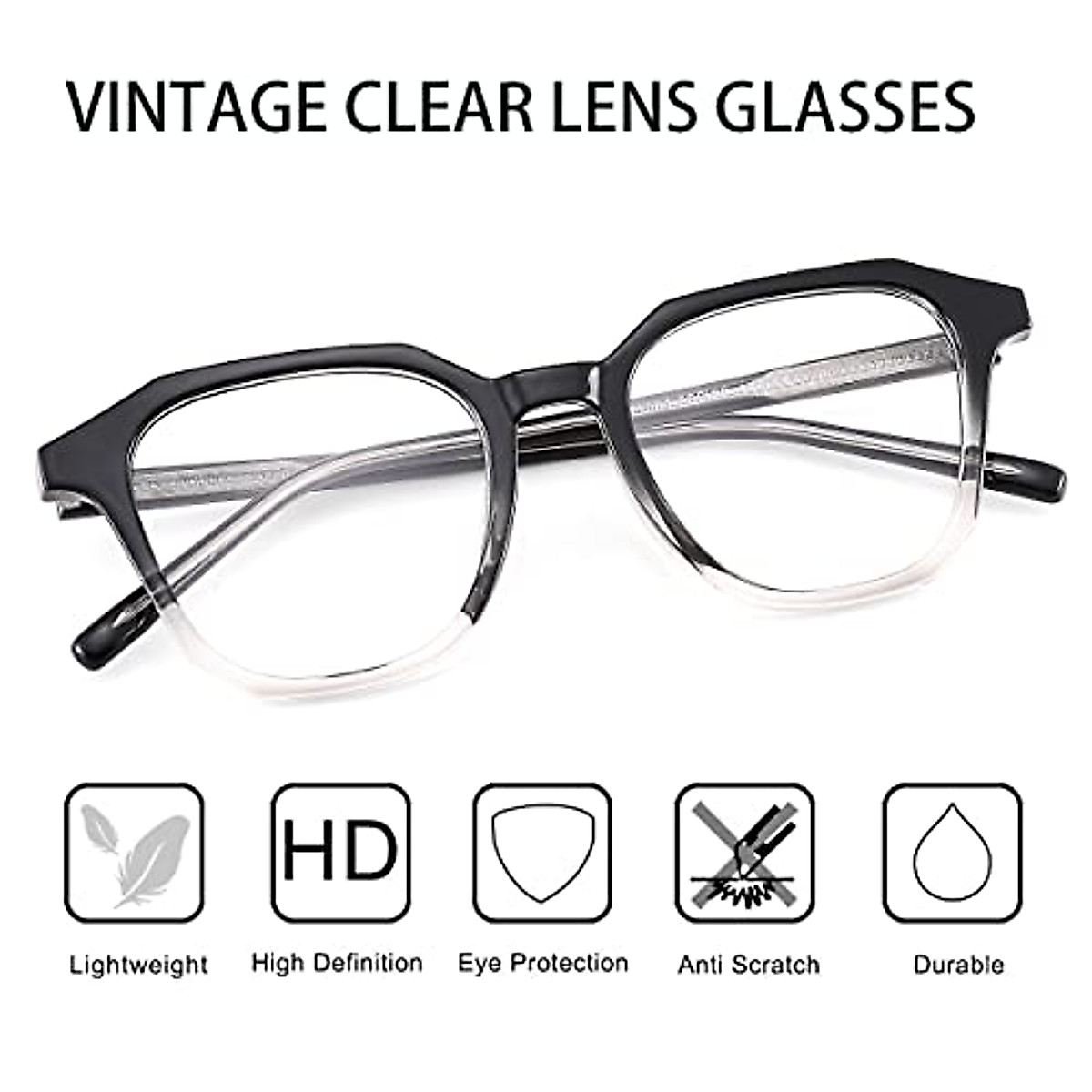 Haygafe Vintage Clear Glasses for Women Men Cute Square Frame Fake Non-prescription Eyeglasses