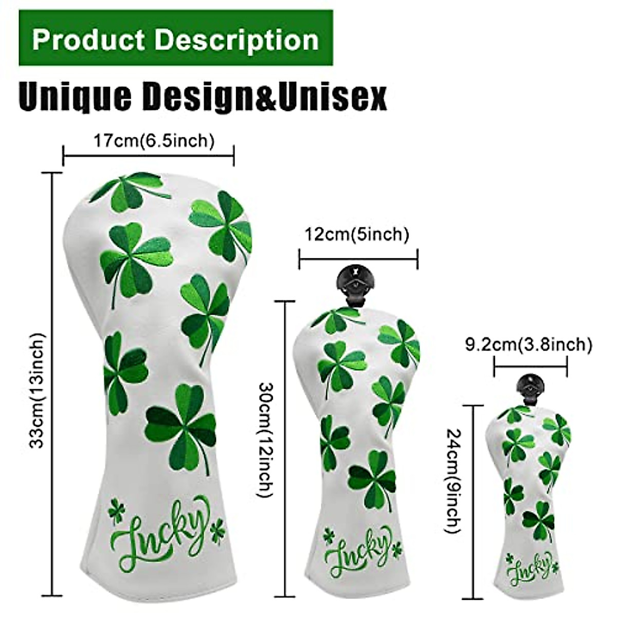 Golf Headcovers Lucky Clover Golf Driver Fairway Wood Hybrid Mallet Blade Putter Cover Headcover Premium Leather Headcovers Fits Most of Drivers Woods and Blade Putters