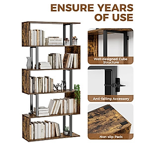 Gadroad 5-Tier Geometric Bookcase,S Shaped Bookshelf, Wood Decorative Storage Shelving, Modern Freestanding Display Shelves, Tall Book Shelf Unit for Living Room Bedroom, Rustic Brown