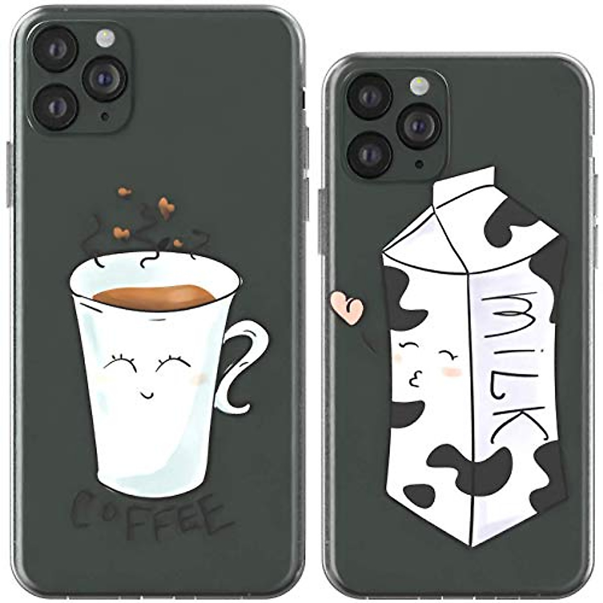 Toik Matching Couple Cases for Apple iPhone 11 Pro Xs Max Xr 10 X 8 Plus 7 6s 5s SE White Kawaii BFFs Milk Print Gift Slim Design Black Clear Lightweight TPU Boyfriend Soulmate Coffee Apple Cute