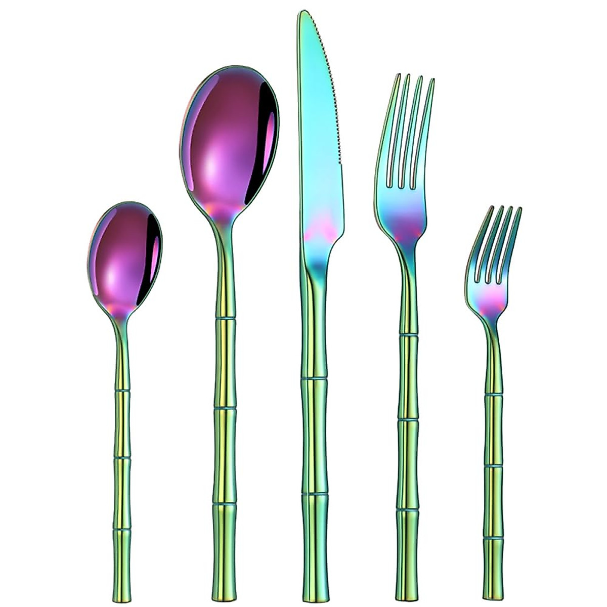 60 Piece Bamboo Shaped Flatware Set Service for 12, 18/10 Stainless Steel Rainbow Bamboo Handle Silverware Cutlery Set For Home Kitchen Hotel Utensils, Mirror Polished, Dishwasher Safe