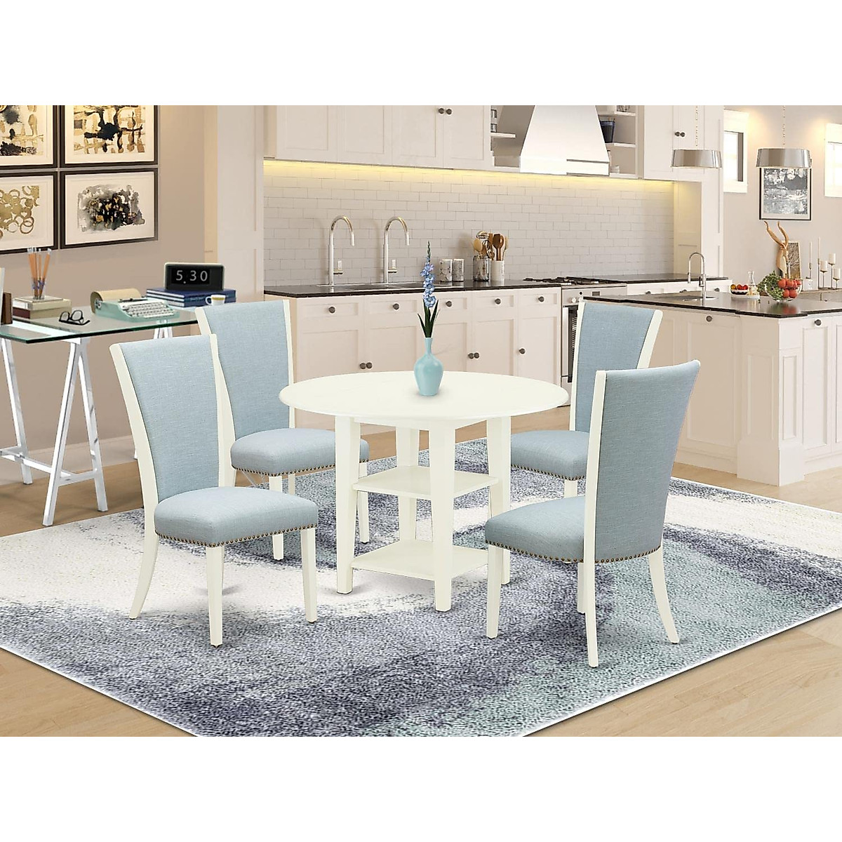 East West Furniture SUVE5-LWH-15 5 Piece Kitchen Table Set for 4 Includes a Round Dining Table with Dropleaf & Shelves and 4 Baby Blue Linen Fabric Parson Chairs, 42x42 Inch, Linen White