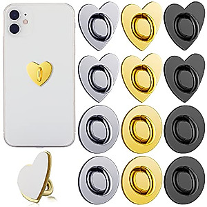 12 Pcs Phone Charm Hook Phone Charms Adhesive Metal Phone Finger Grip Cell Phone Finger Ring Loop Stand for DIY Hanging Round and Heart Phone Holder Cute Phone Keychain Accessories Gold Silver Black