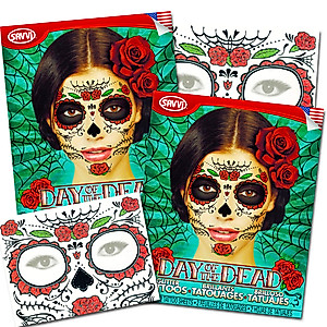 Glitter Red Roses Day of the Dead Sugar Skull Temporary Face Tattoo Kit - Pack of 2 Kits