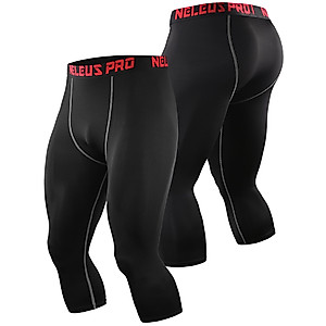 NELEUS Men's 3 Pack Running Capri Leggings Athletic Compression Short,6057,Black,red and Grey Stripe,3XL