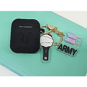BT-S Airpods Case with Kpop Bangtan Boys Army Bomb Keychain, Protective Premium Silicone Cover Compatible with Apple Airpods (Black)