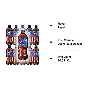 Pepsi Soda, 20oz Bottle (Pack of 10, Total of 200 Fl Oz)
