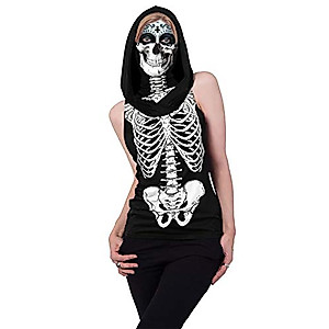 Ainuno Skeleton Shirt Skull Hoodie for Women Teen Girls Funny Halloween Shirts Costume Top with Mask Tshirts White Skeleton Printed Sleeveless Hoodie Pullover Sweatshirt Cute Tee,Skull Skeleton L