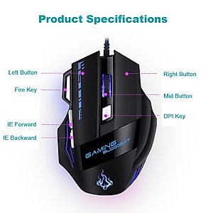 Bileeko Gaming Mouse Wired Mouse USB Optical Mouse 3200 DPI Adjustable Comfort Grip Ergonomic Mice RGB Breathing Backlit 7 Buttons Fire Key for Windows, Mac OS, Linux, Laptop Computer PC Black