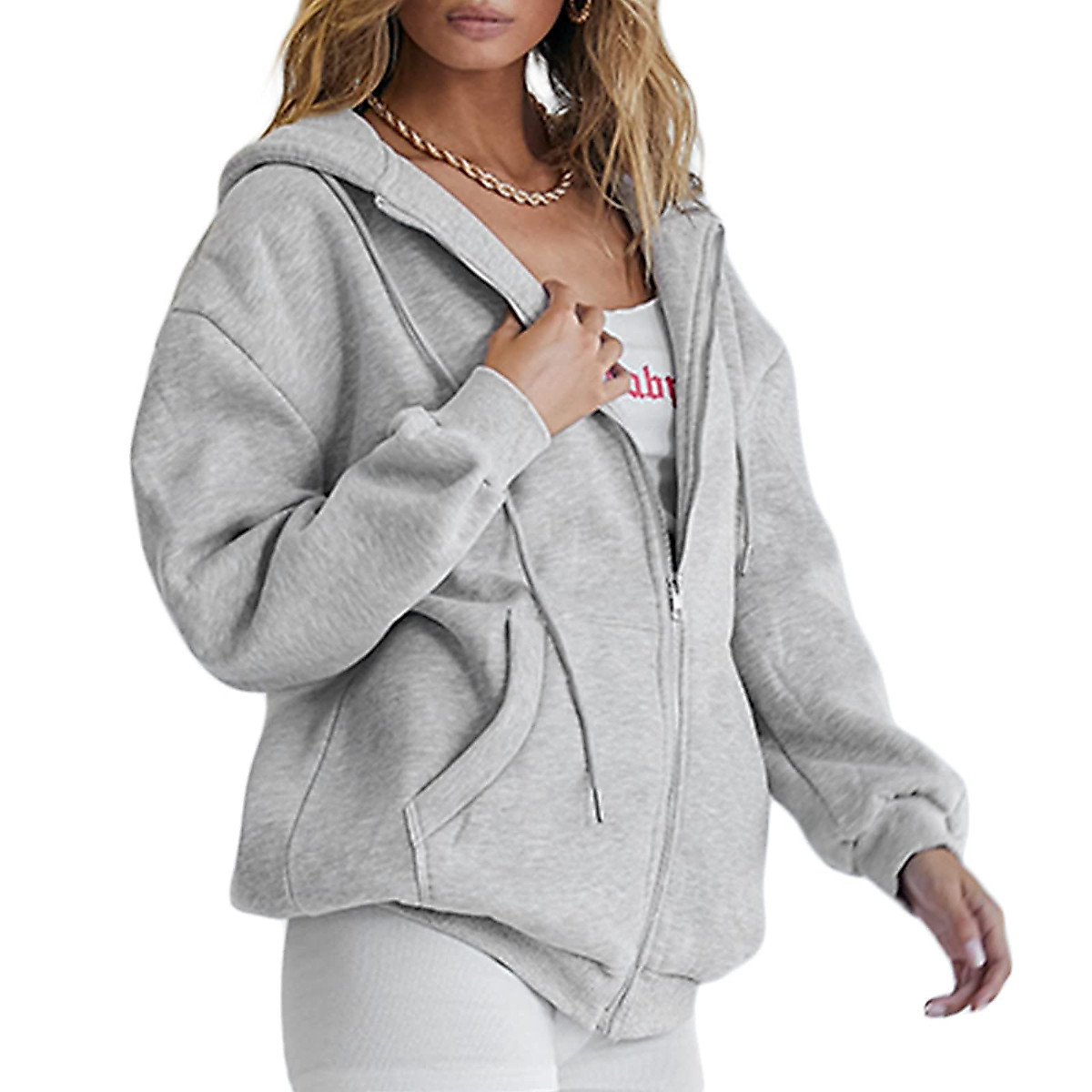 FOMOYUU Womens Oversized Zip Up Hoodie Jacket Baggy Loose Basic Zipper Hooded Sweatshirt Coat (Grey, M)