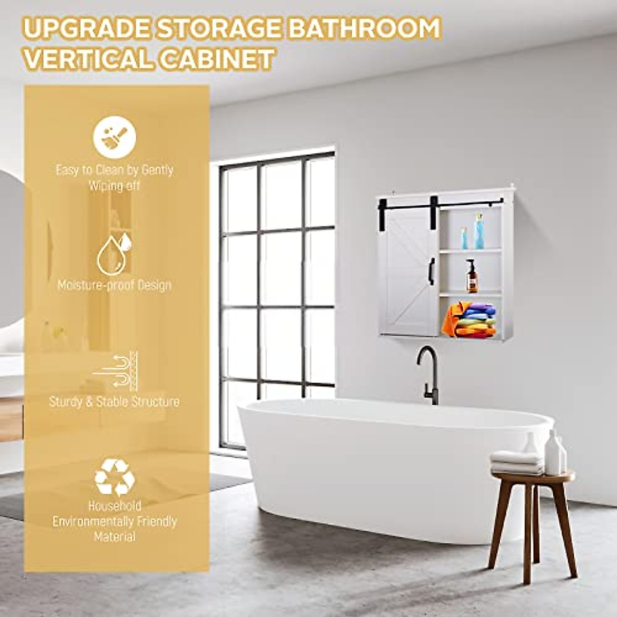 PHI VILLA Farmhouse Bathroom Wall Cabinet with Sliding Barn Door Medicine Storage Cabinet Wall Mounted with 3-Tier Rustic Storage Cabinet for Bathroom Furniture, White(Bathroom Shelves Included)