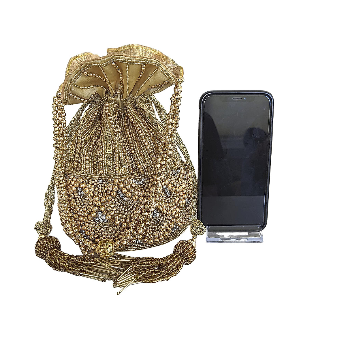 Women Handmade Beadwork Motif, Indian Potli Bag, Drawstring Bucket Bag, Bridal Evening Purse In Gold (Gold #1)