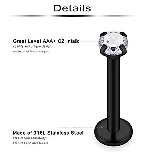 Ftovosyo Forward Helix Earring 16G 8mm Surgical Steel Tragus Cartilage Earrings Stud Barbell Labret Monroe Lip Rings Piercing Jewelry Retainer for Women Men 6 Pairs Black