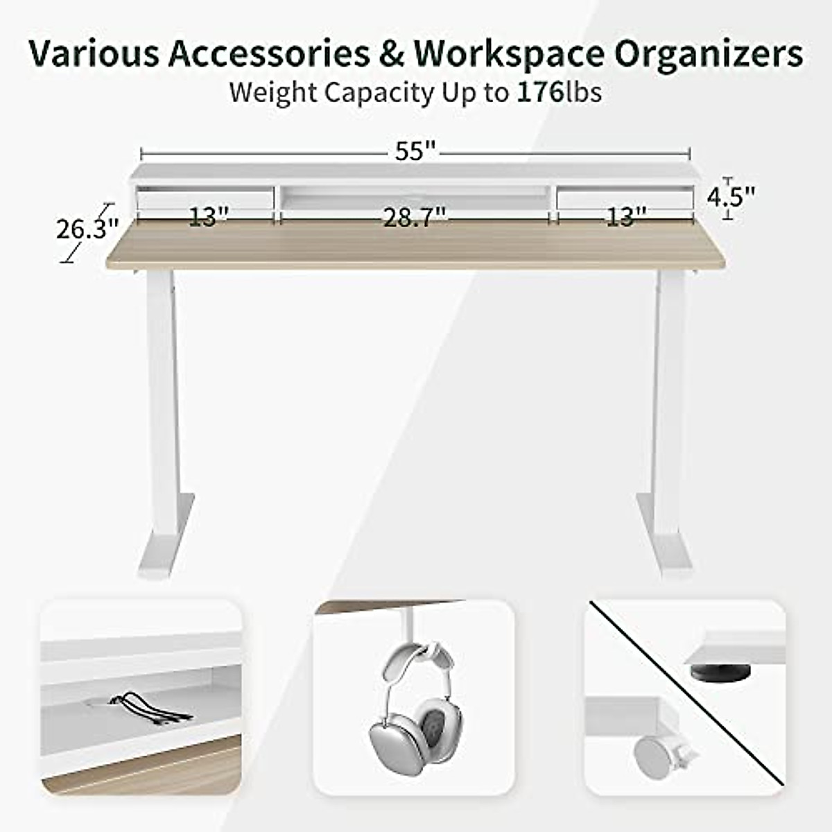 FEZIBO 55 × 26 Inch Electric Standing Desk with Monitor Stand, Height Adjustable Table with LED Strips, Ergonomic Home Office Furniture with 2 Drawers Storage Gaming Workstation, Light Walnut Top