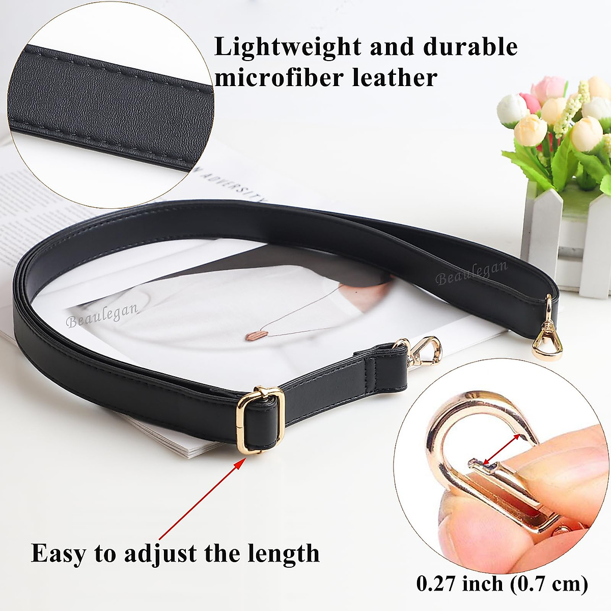 Beaulegan Classic Long Purse Strap Replacement, Microfiber Leather, Adjustable for Crossbody/Shoulder Bag, 0.7 Inch Wide (Black/Gold)