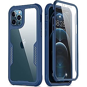 FUNMIKO iPhone 12 Pro Max Case,Clear Cover with Touch-Sensitive Built-in Screen Protector,Military Grade Pass 21ft. Drop Test Slim-fit Protective Phone Case for iPhone 12 Pro Max 6.7" Blue