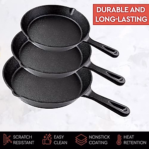 Simple Chef Cast Iron Skillet 3-Piece Set - Best Heavy-Duty Professional Restaurant Chef Quality Pre-Seasoned Pan Cookware Set - 10", 8", 6" Pans - Great For Frying, Saute, Cooking, Pizza & More,Black