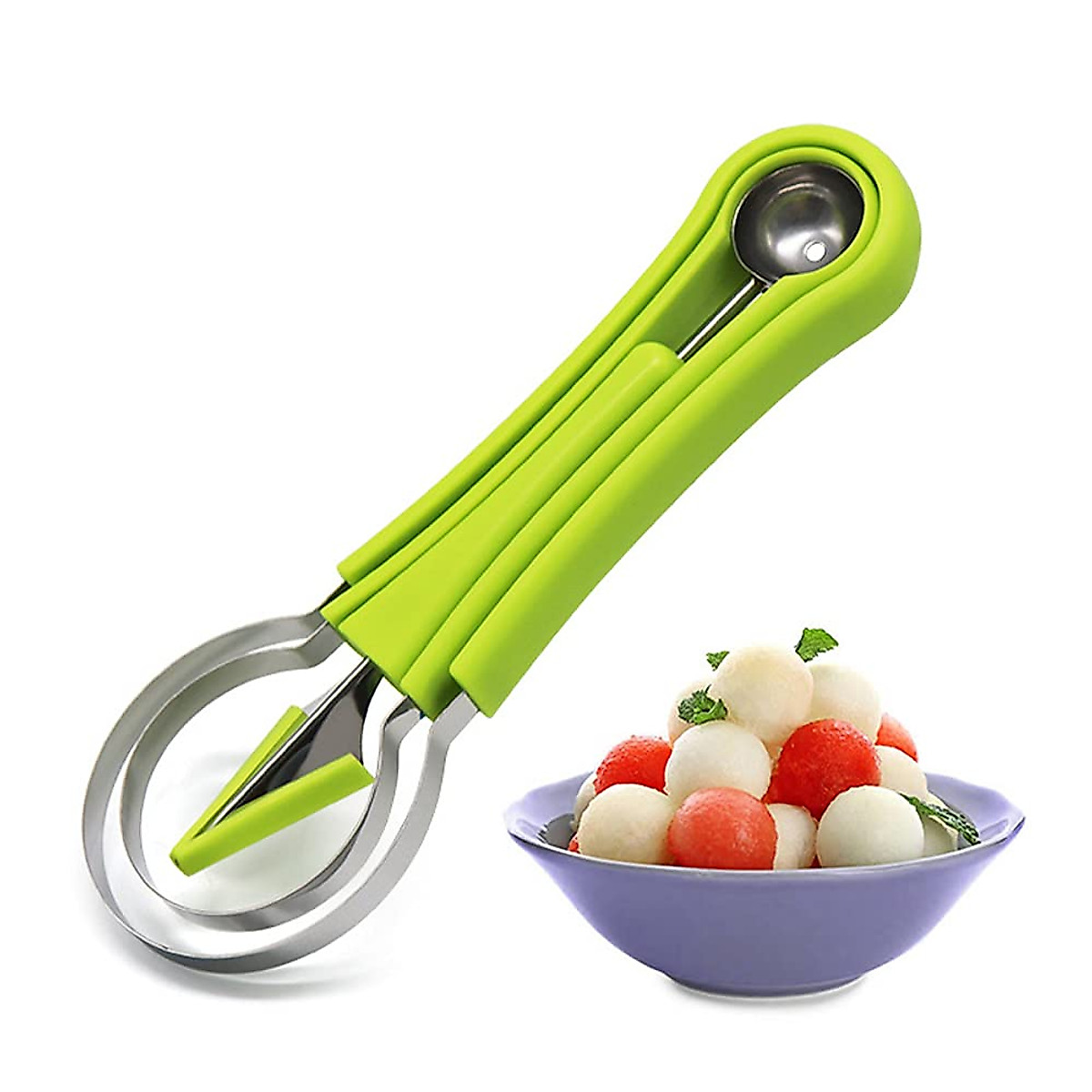 Suuker Melon Baller Scoop Set,4 In 1 fruit cutters shapes for kids, watermelon scooper fruit scooper and baller, Seed Remover Knife and fruit carving tools（Green）